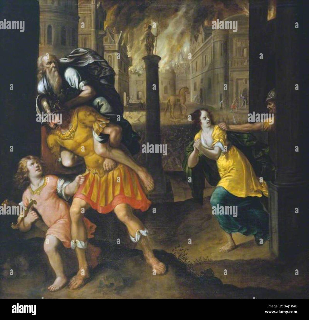 'Aeneas and his Family Fleeing Burning Troy' by Henry Gibbs, painted in ...