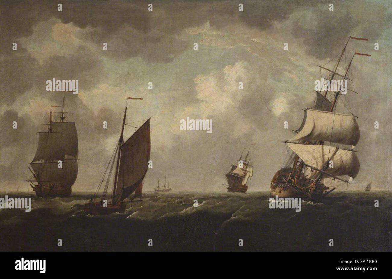 This 18th-century painting depicts ships at sea, capturing the dynamic ...