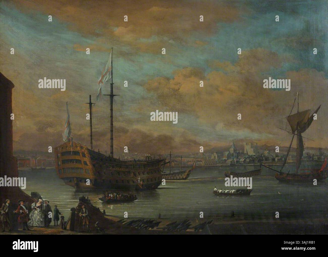 A painting from the British School depicting Guardship in the Medway ...