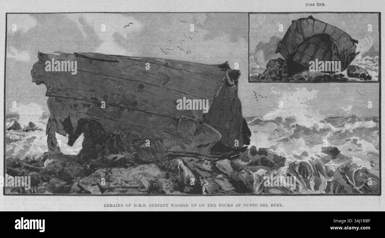 The remains of the HMS Serpent washed up on the rocks at Punto del Buey ...
