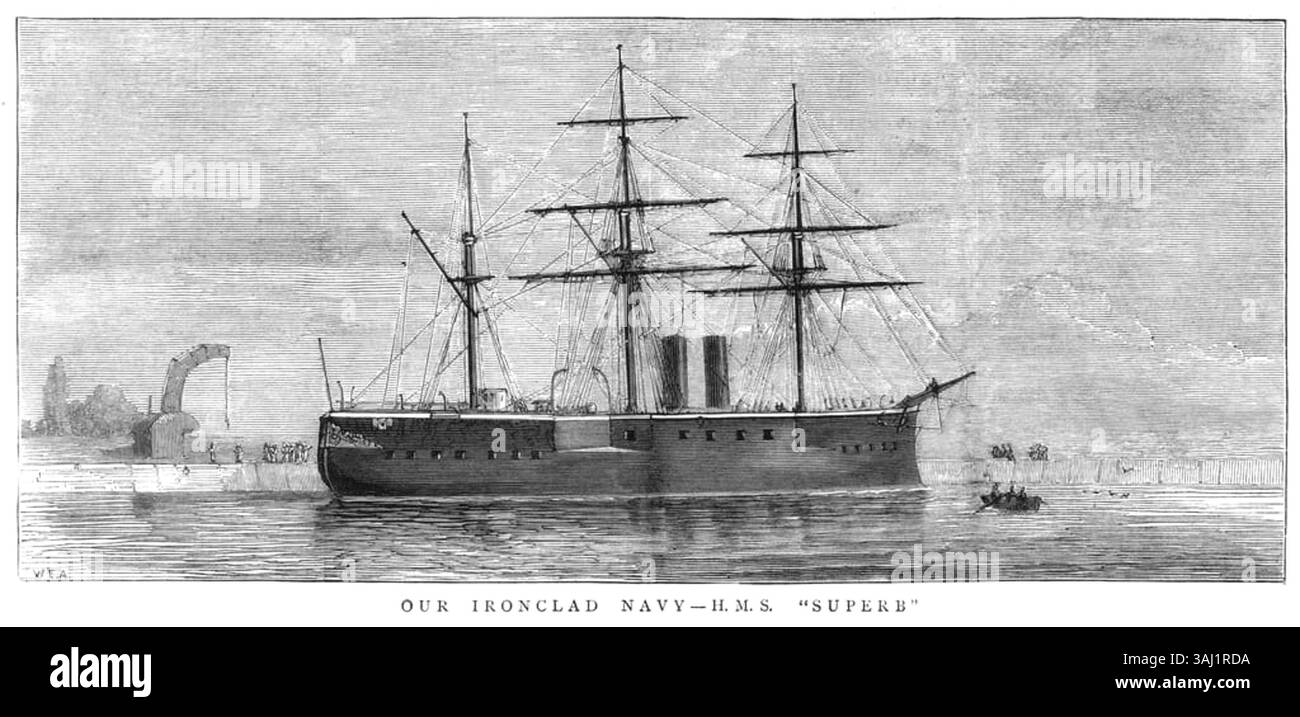 The illustration depicts the British ironclad ship HMS 'Superb', a key ...