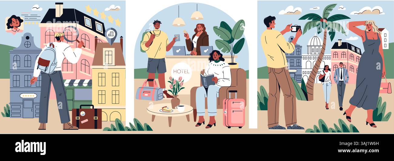 Hotel Holidays concept. Illustration of diverse travelers experiencing hotel stays and urban ...