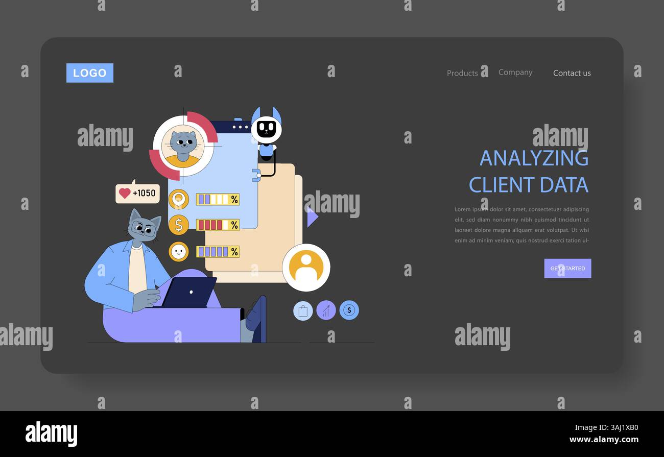 Business processes analysis illustration. A character works on a laptop ...