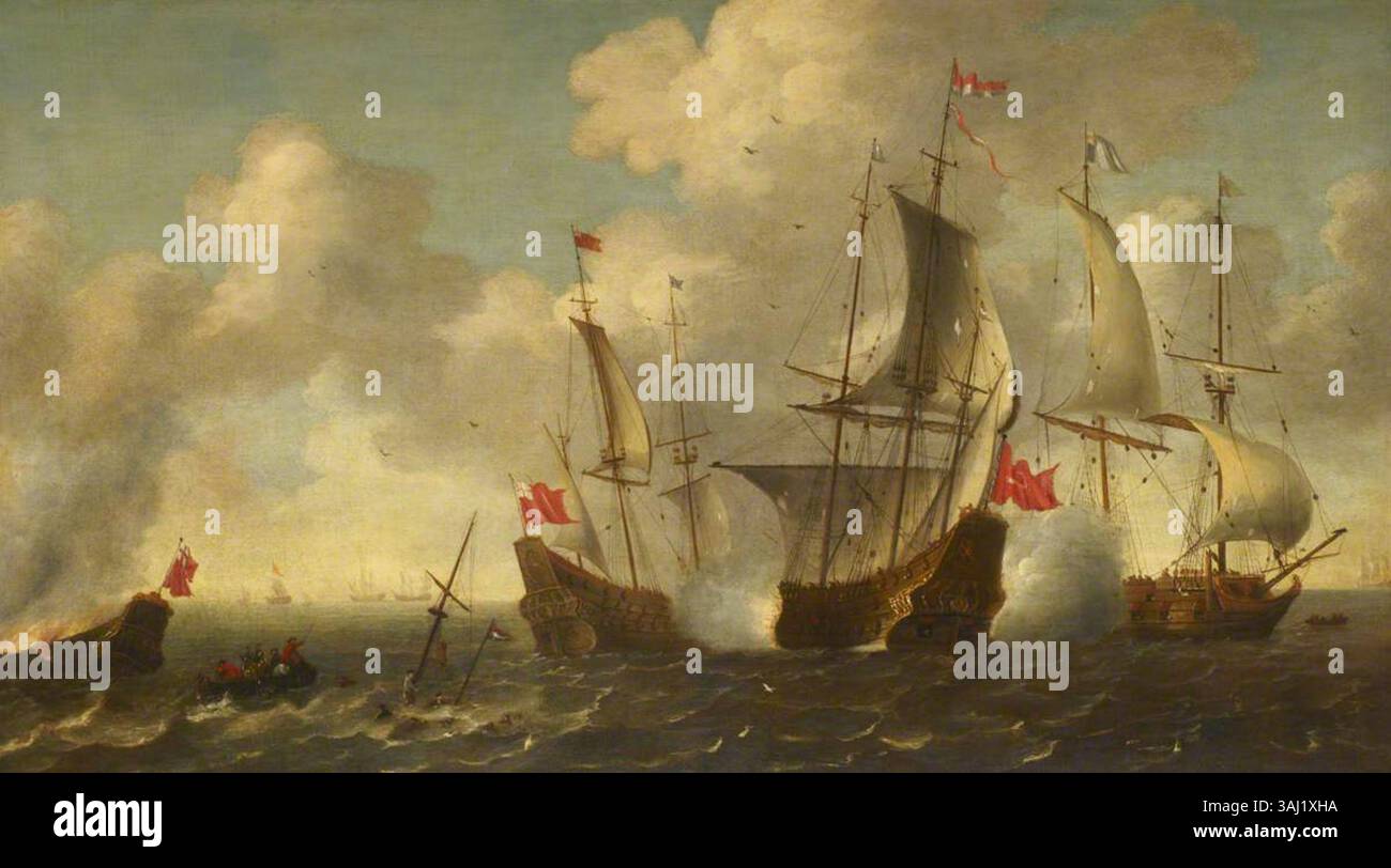 This painting depicts an Anglo-Dutch naval engagement, showing the ...