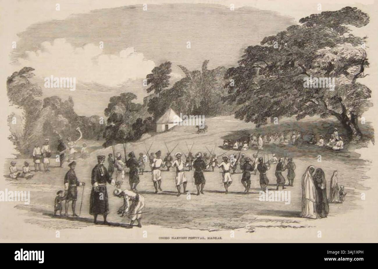 Wood engraving depicting the Coorg Harvest Festival in Madras, as ...