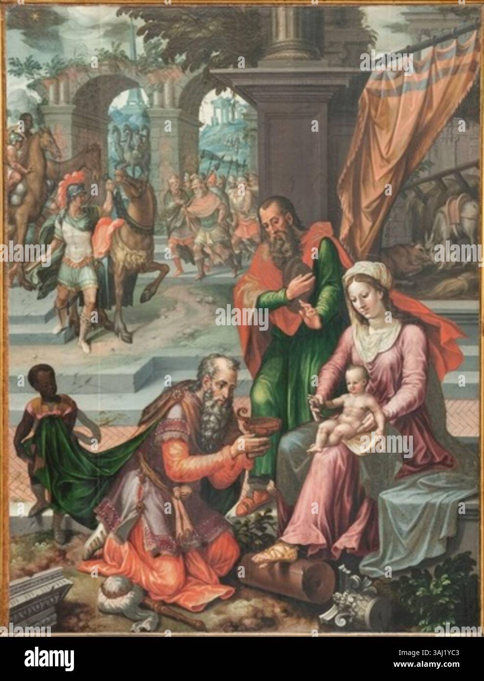 The central panel of the 'Adoration of the Magi' painting, created in 1540, depicts the Biblical ...