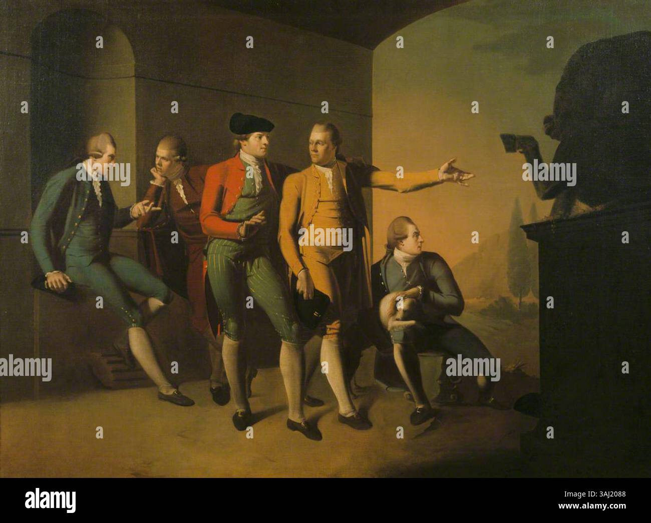 This painting, created circa 1773, shows a group of five gentlemen on a ...