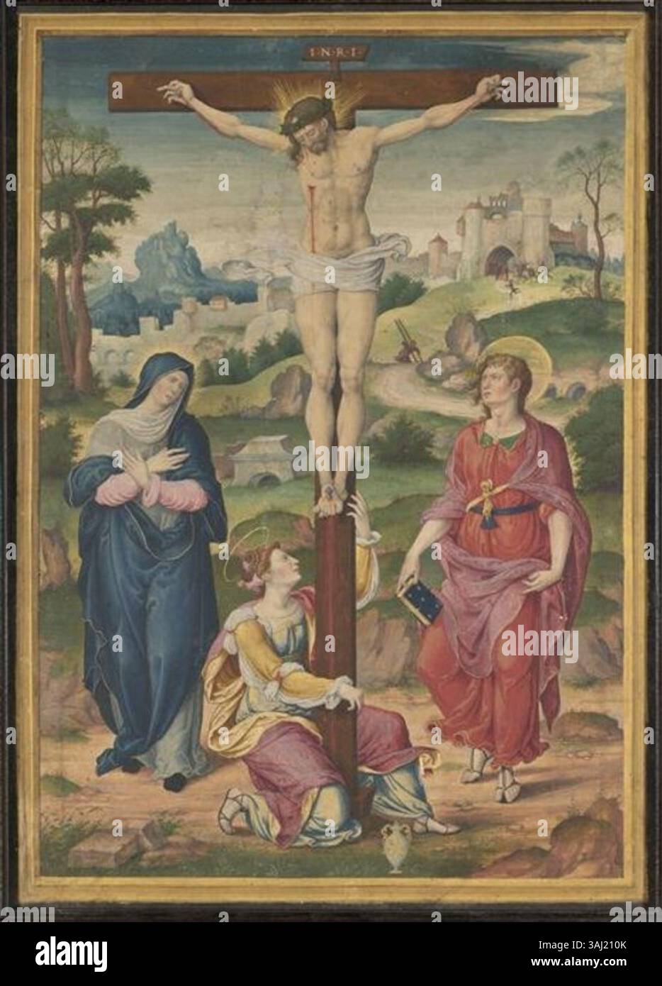 A manuscript illumination depicting the Crucifixion of Christ, created around 1540-1545 by the ...