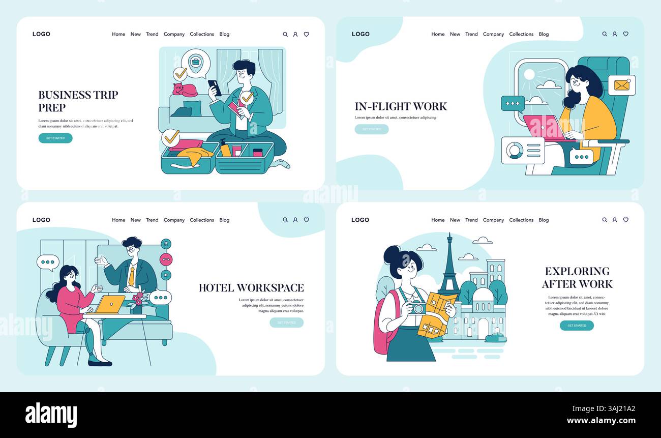 Business travel activities and experiences illustrated in four parts ...