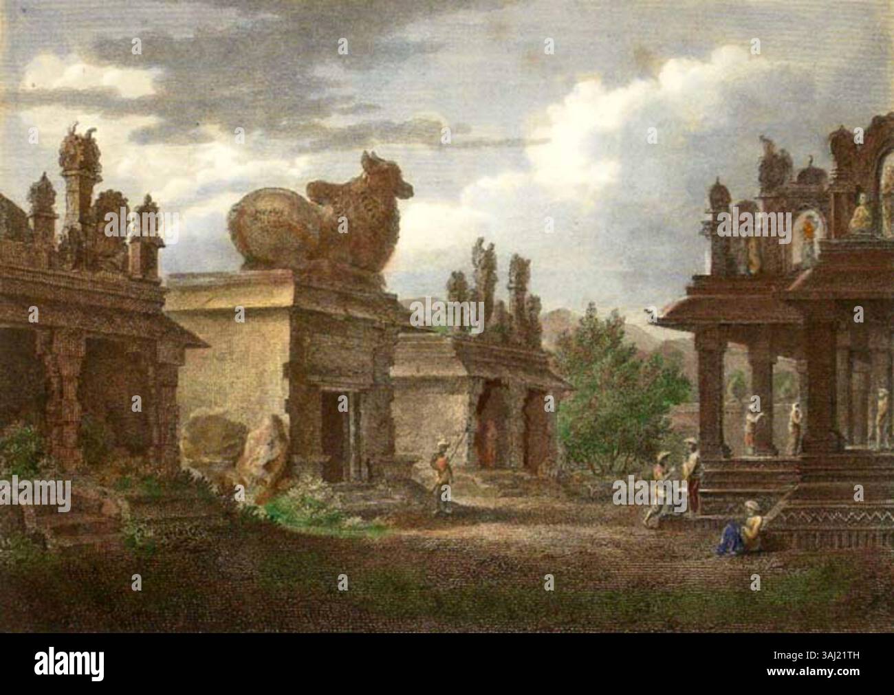 A hand-colored print by William Angus, illustrating 'Pagodas at Calicut ...