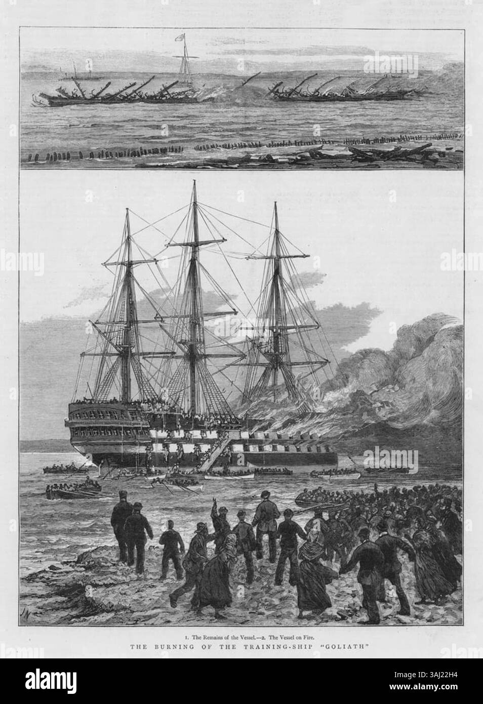 An illustration from 'The Graphic,' 1 January 1876, depicting the burning of the training-ship ...
