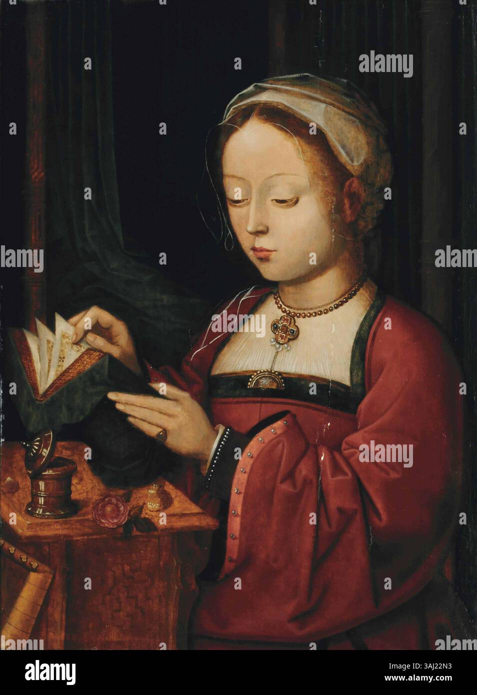 This painting, attributed to the Circle of the Master of the Female Half-Lengths, portrays Saint ...