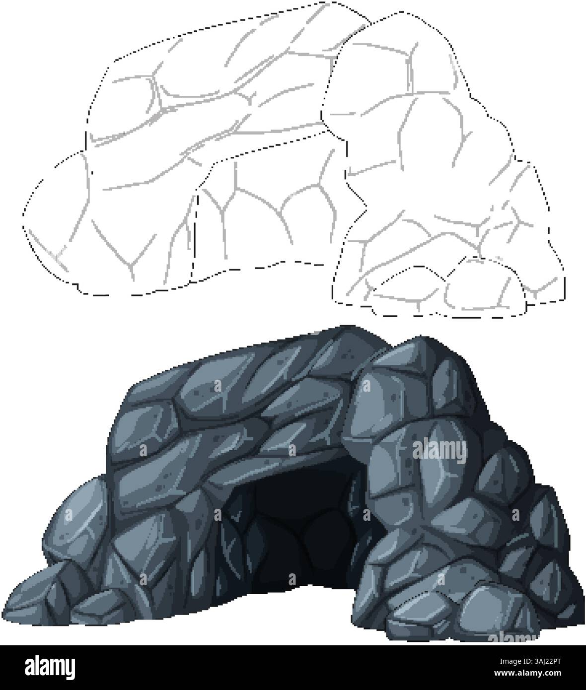 Detailed vector illustration of a rocky cave with a monochrome outline ...