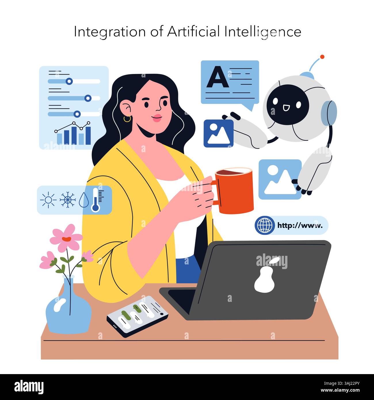 Modern office scene showcasing the integration of artificial intelligence in daily work. A woman ...