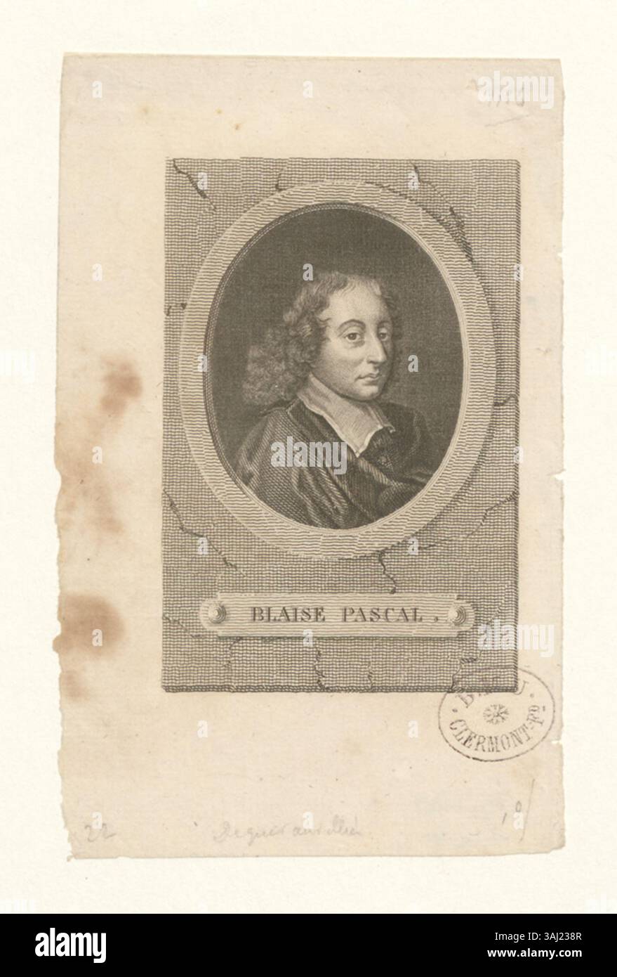 This intaglio print from the Boyer collection shows Blaise Pascal, with ...