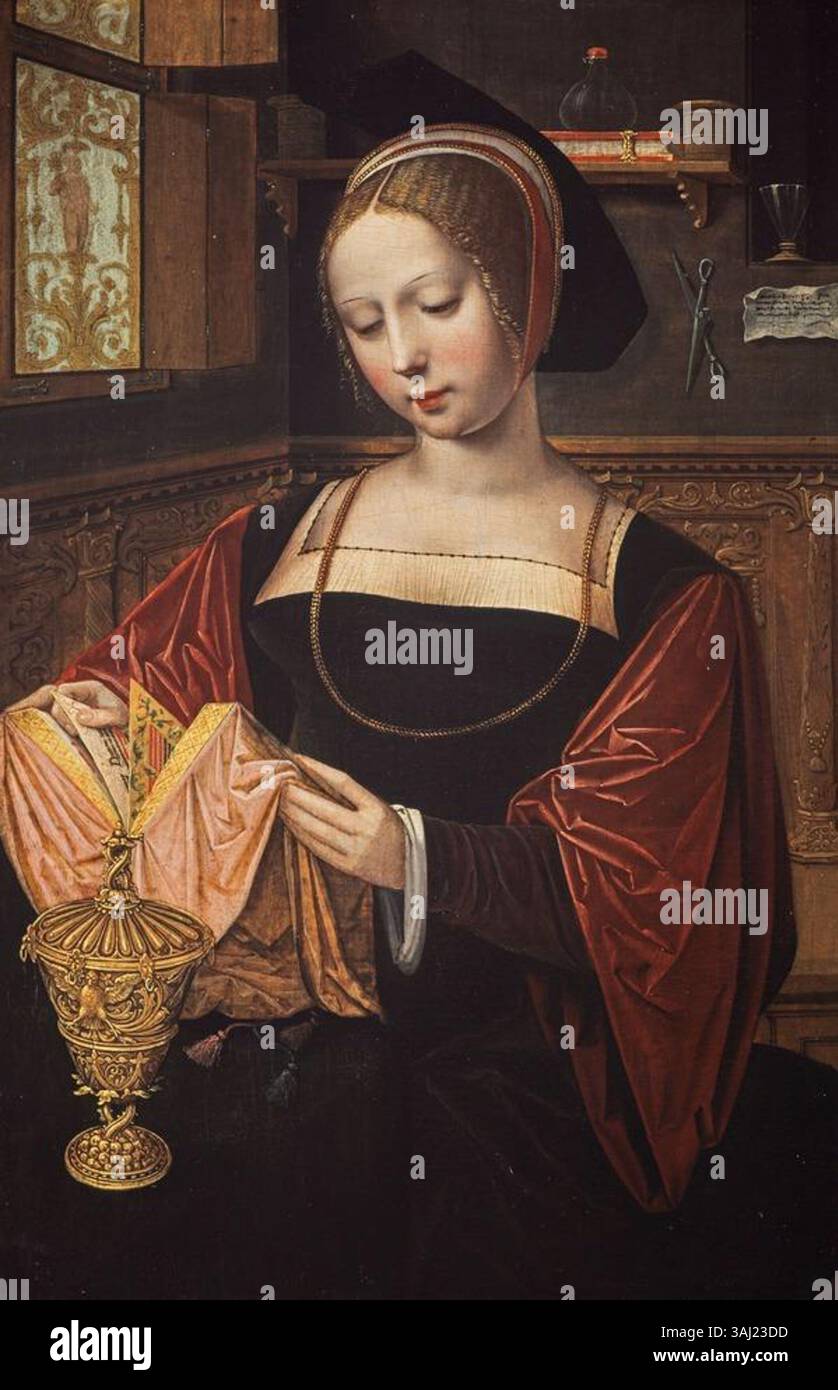 This oil painting by the Master of the Female Half-Lengths depicts St. Mary Magdalene in a ...