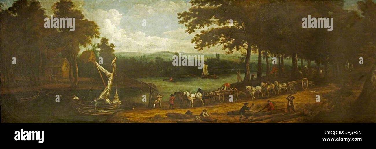 This landscape, from the Anglo-Dutch School, depicts a wooded river ...