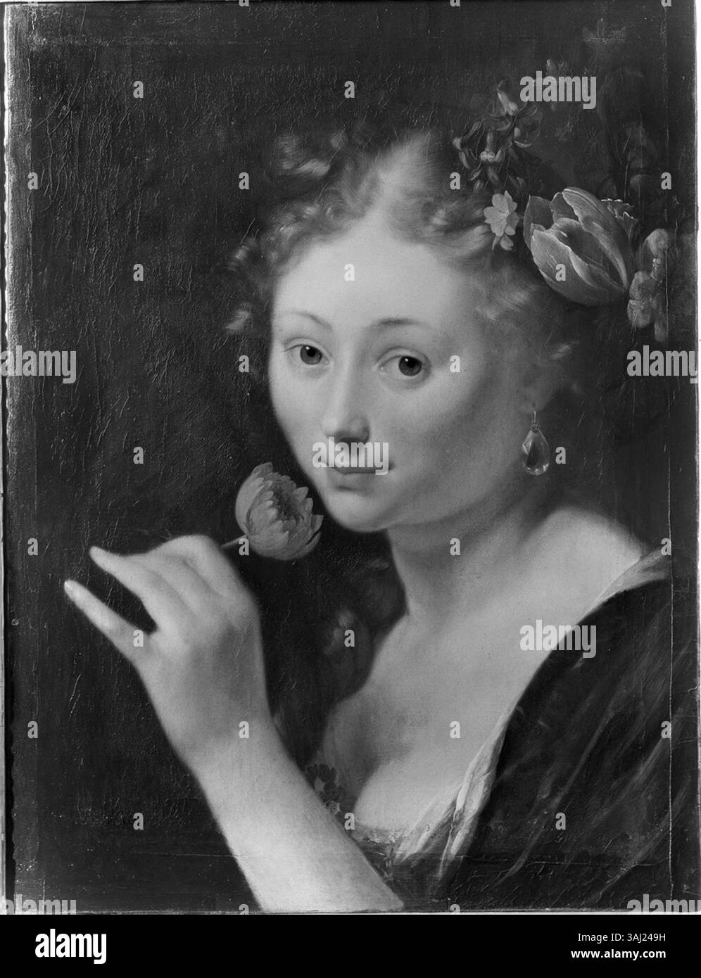 A painting by Godfried Schalcken, depicting a young woman smelling a ...