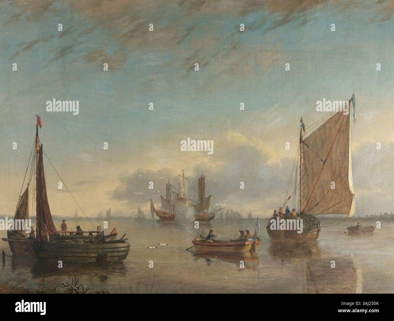This Dutch painting from the 1800s depicts a calm estuary with fishing ...