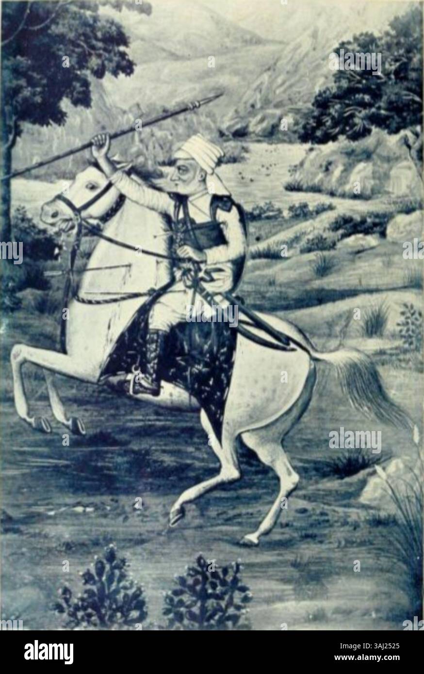Portrait of Veer Durgadas Rathore riding a horse, painted in 1906, capturing his military ...