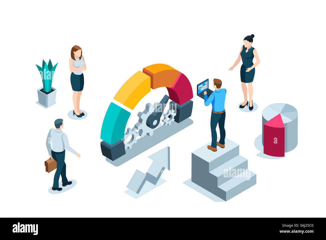 isometric man with laptop and power scale arrow with gears, in color on ...