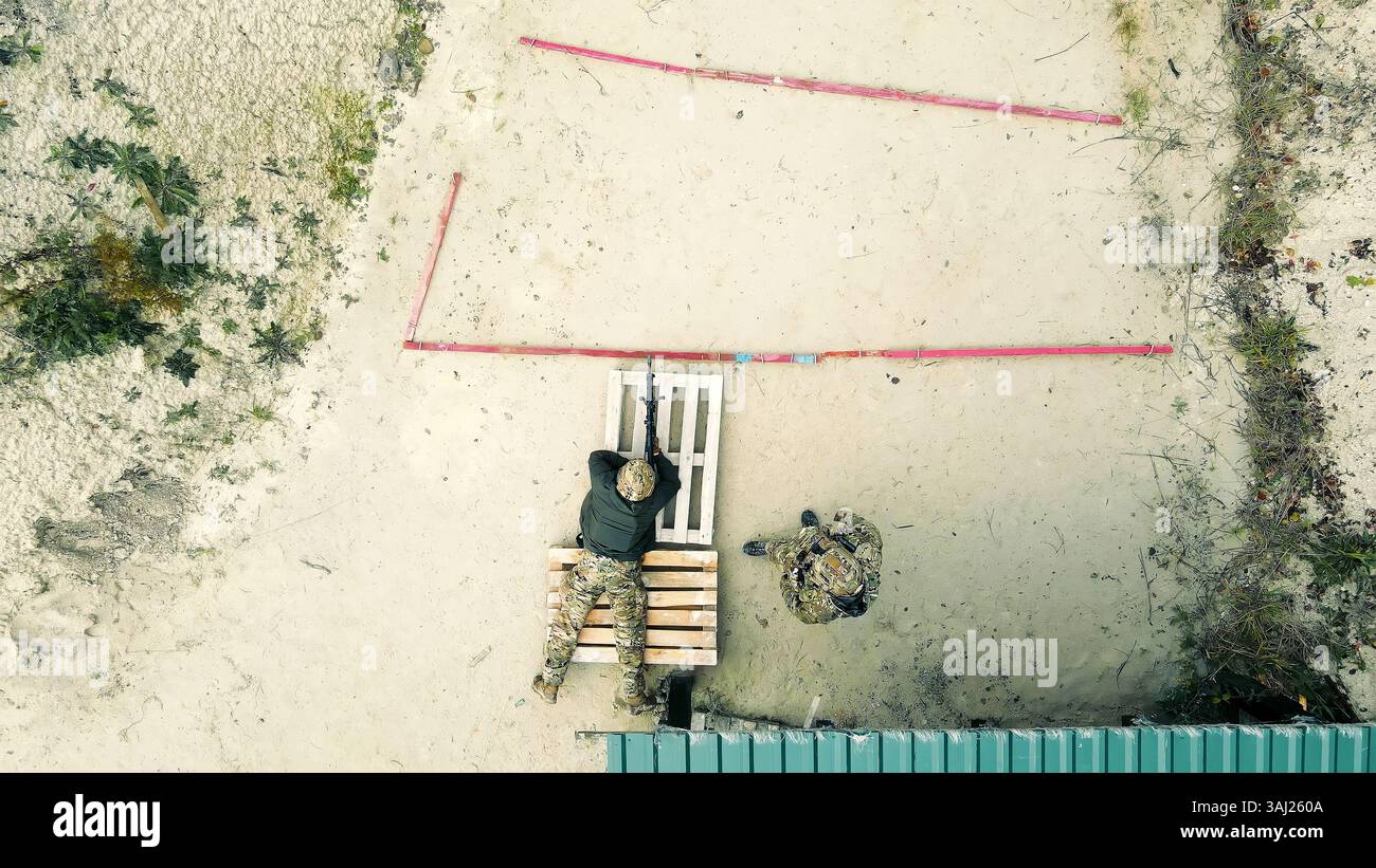 Aerial View of Tactical Shooting Training. Overhead shot of two ...