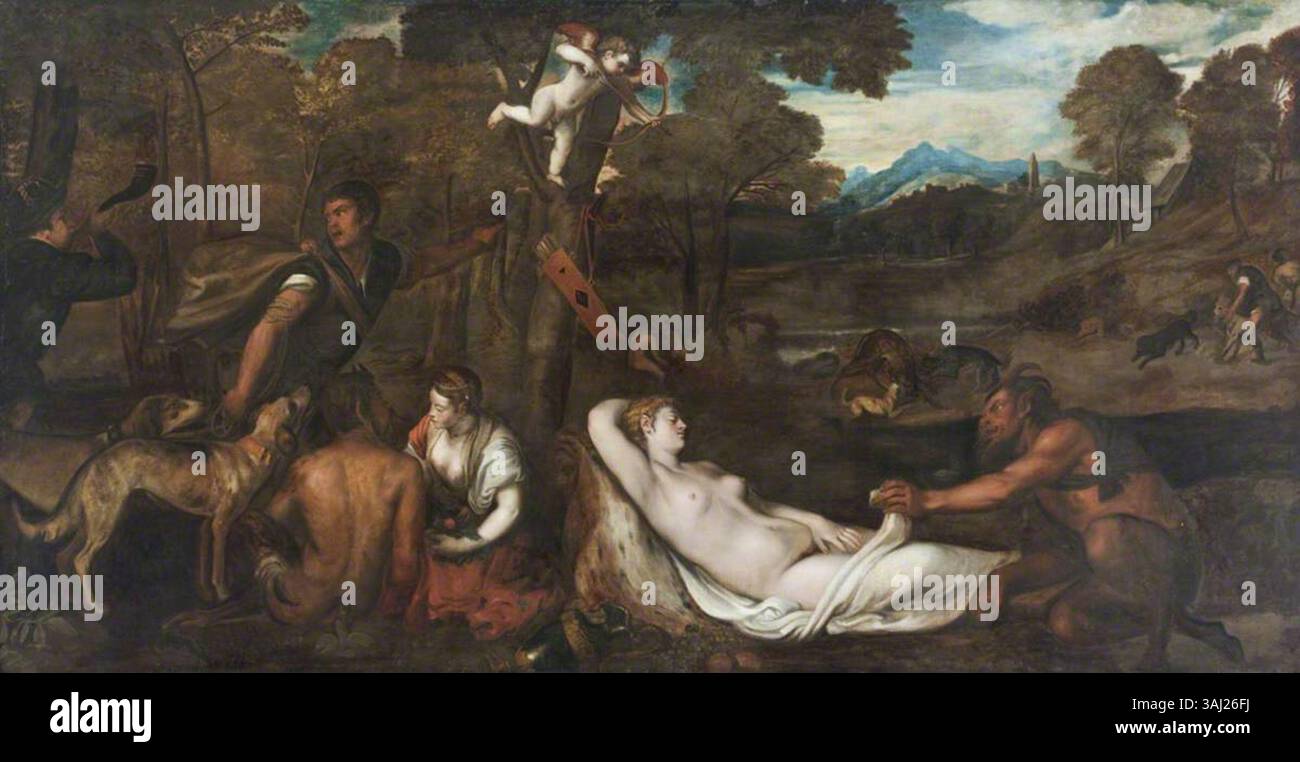 This painting by Miguel de la Cruz, titled 'The Venus del Pardo,' depicts Venus with a satyr and ...