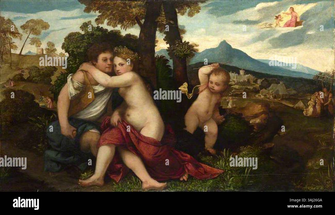 This mythological scene, created between 1530 and 1600 by a follower of Titian, depicts Venus ...