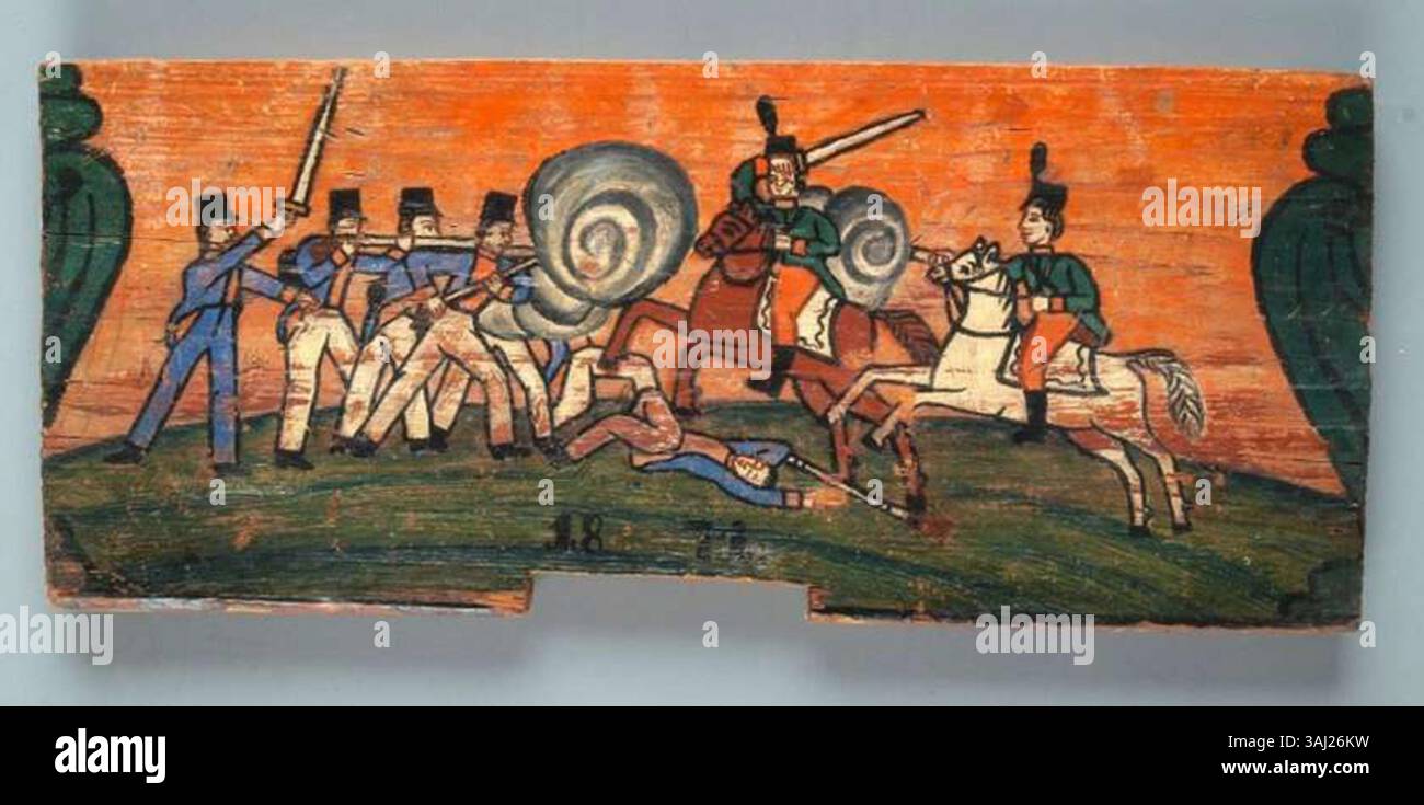 'Bitka pecev s konjenikoma' (1871) depicts a battle scene involving ...