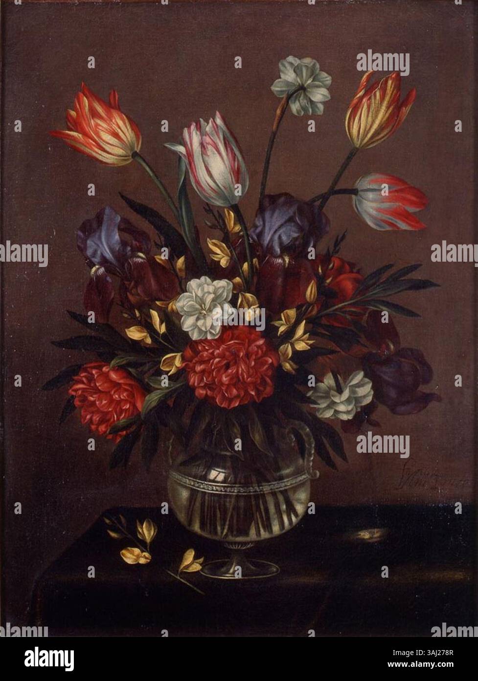 This 1650 oil painting by Antonio Ponce depicts a vase of flowers, a ...