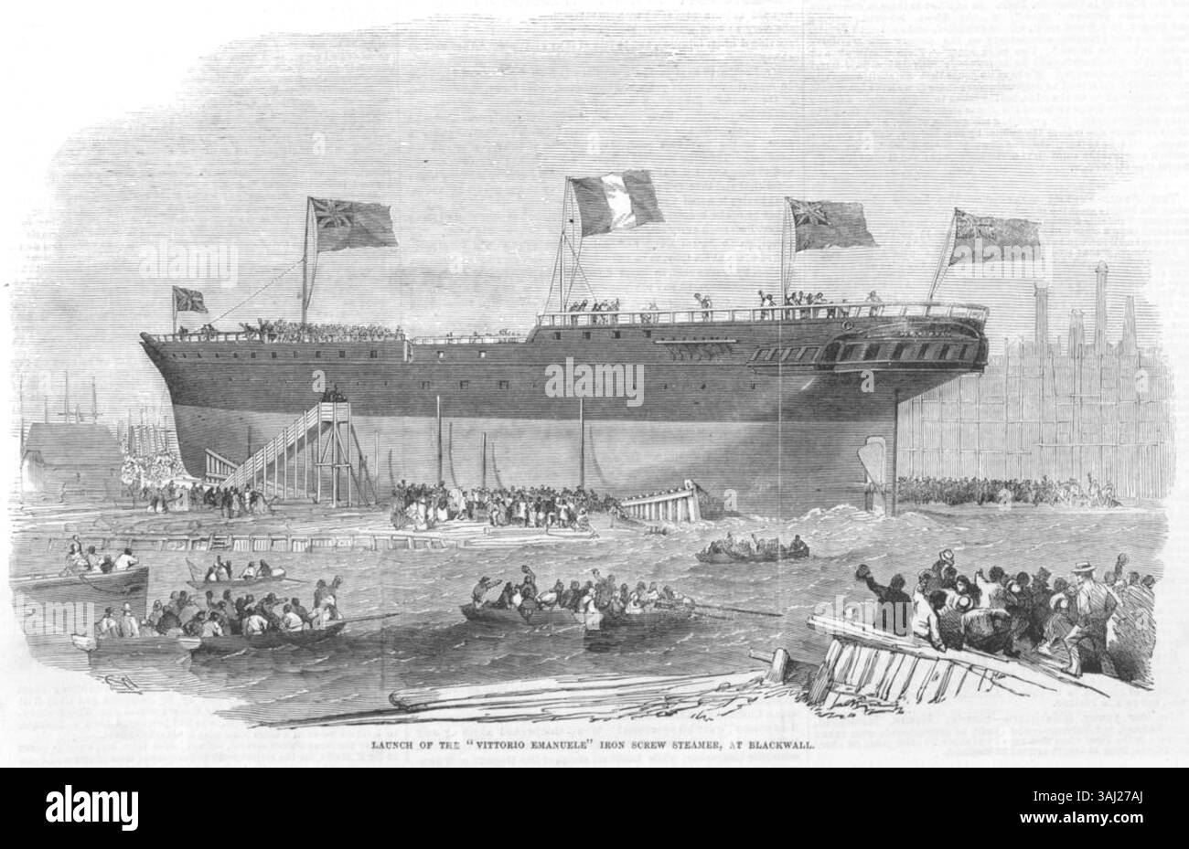 The 'Vittorio Emanuele' iron screw steamer being launched at Blackwall ...