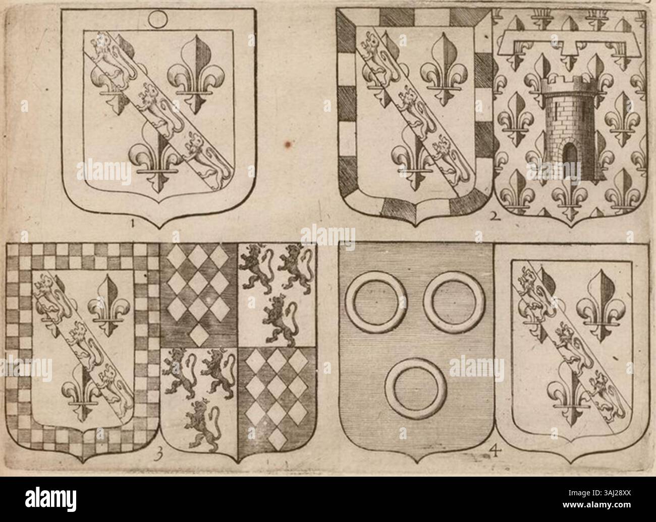 Gilles-André de La Roque’s 1626 work, Blasons des armes, depicts the heraldic arms of the royal ...