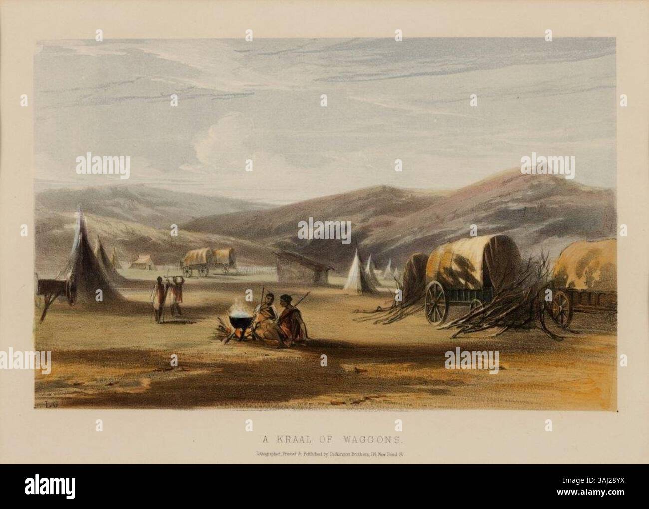 This 1854 lithograph by Lumley Graham shows a kraal of waggons ...