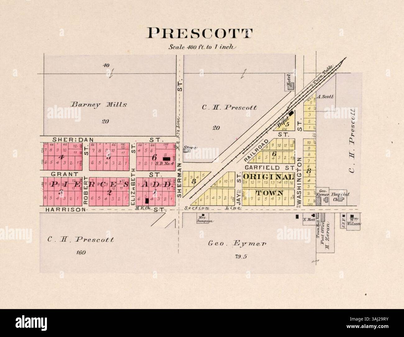 A 1903 plat map of Prescott, Michigan, detailing land ownership and ...