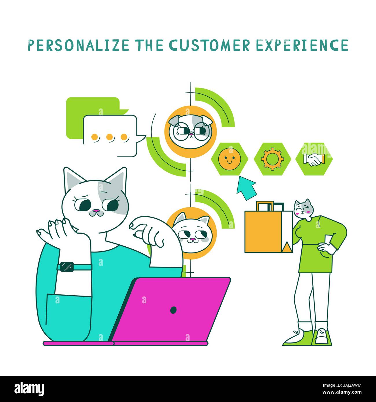 Product marketing illustration showcasing a cat engaging with customers through technology. The ...