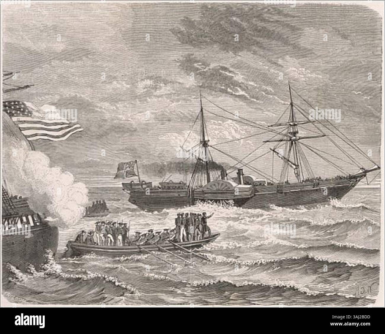 This historical illustration depicts the Union ship San Jacinto ...