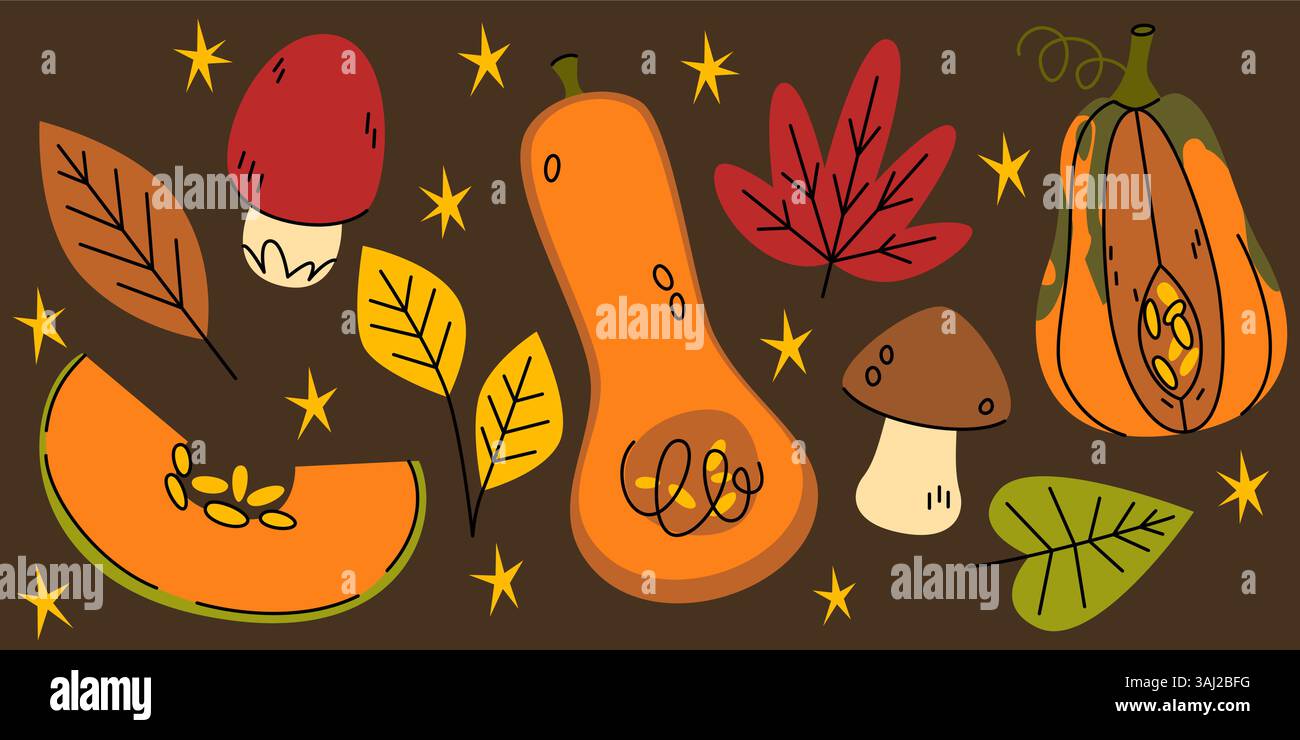 Harvest season doodle set - cute pumpkins, squash, gourds illustration ...