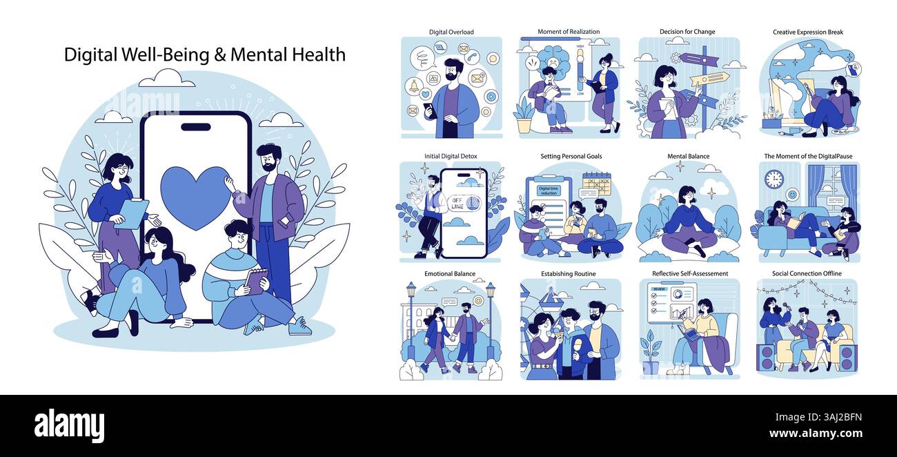 Digital Well-Being Mental Health illustration. This artwork captures ...