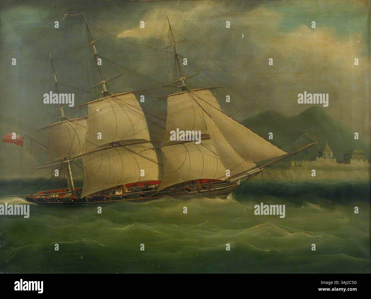 This painting, circa 1830, depicts a sloop-of-war sailing close-hauled ...