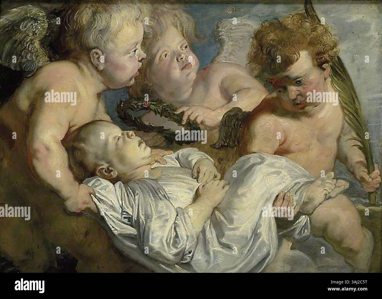 The painting 'A dead Child carried to Heaven by Angels' by Peter Paul Rubens, created around ...