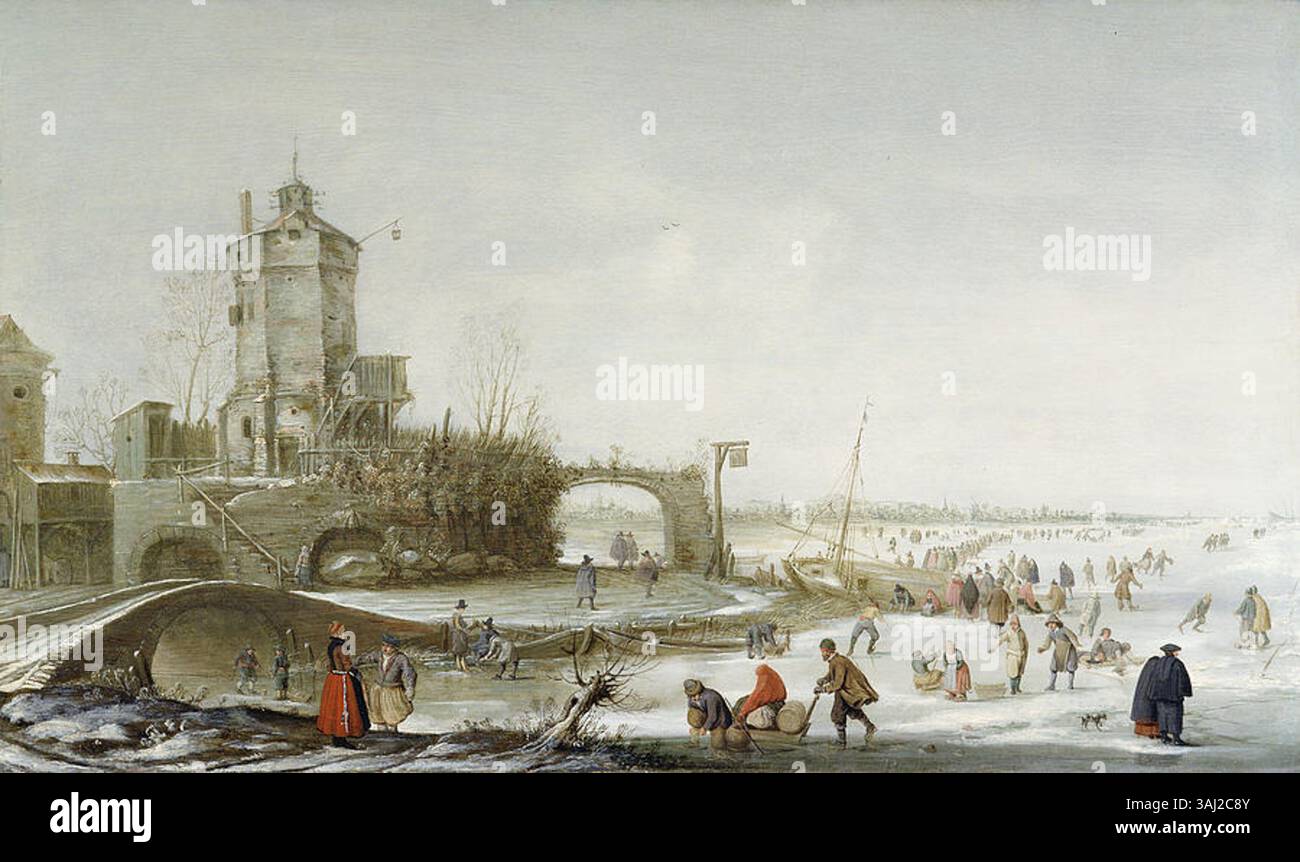 This circa 1630 oil painting by Hendrick Avercamp portrays a winter landscape with skaters ...