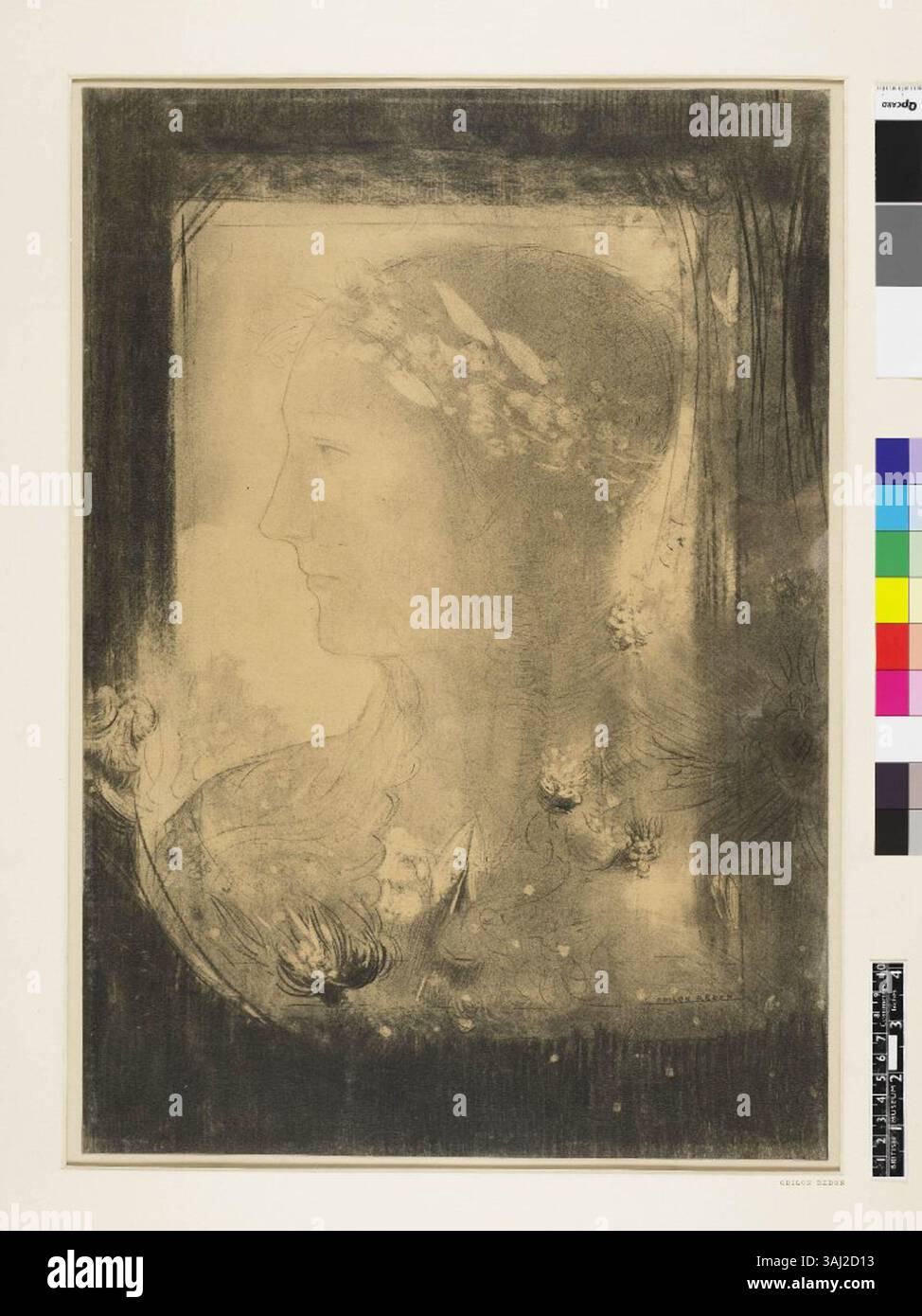 A charcoal drawing by Odilon Redon from 1949, depicting the head of a ...