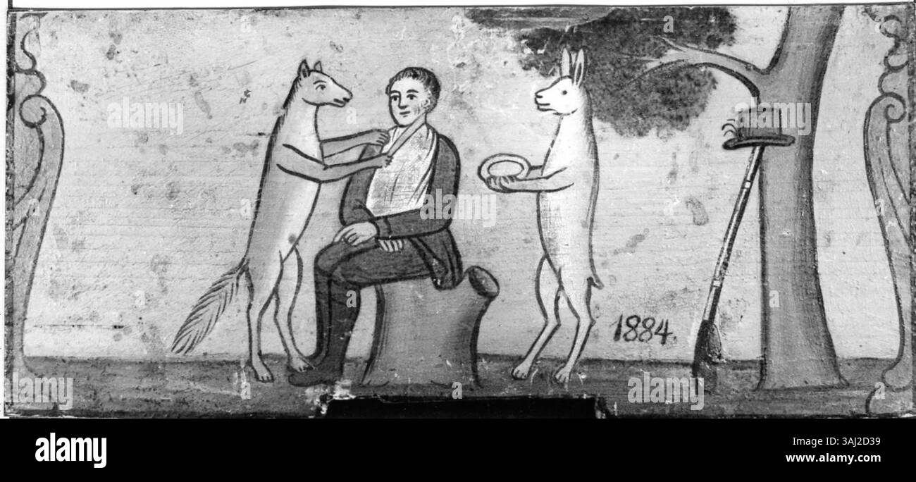 *Lisica brije lovca* (Fox Tricks the Hunter), an oil on panel painting ...