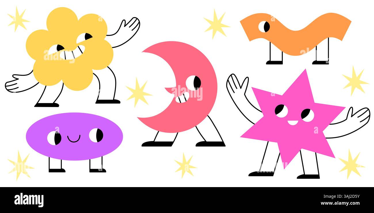 Geometric doodle face illustrations - cute cartoon characters of ...