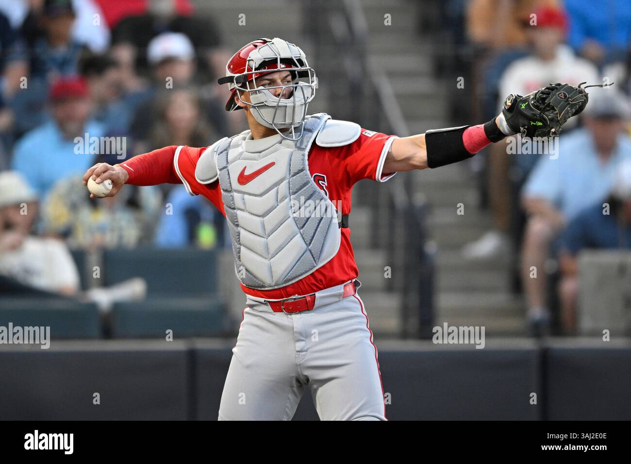 Los Angeles Angels catcher Logan O'Hoppe throws during the first inning ...