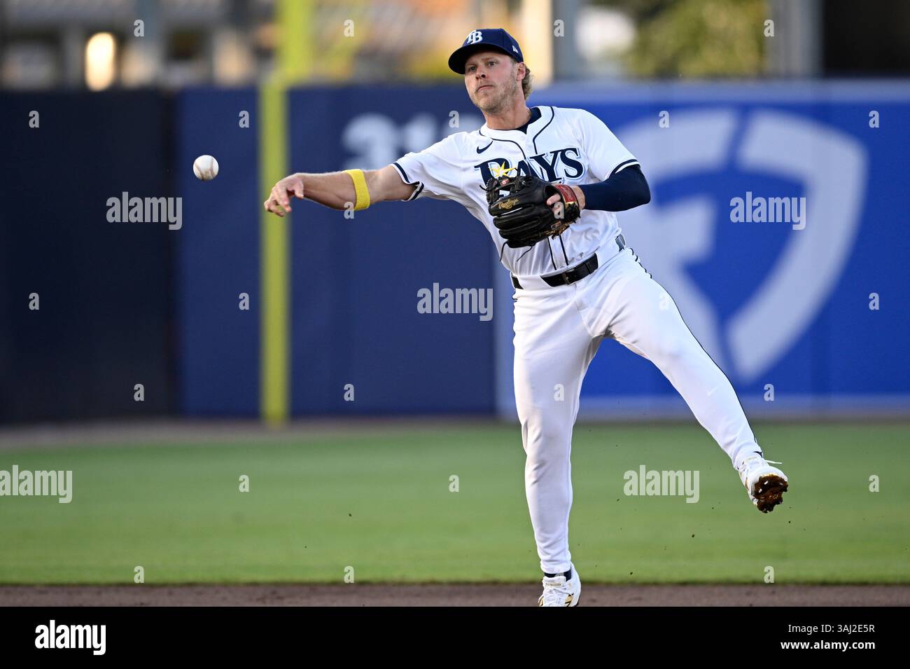 Tampa Bay Rays shortstop Taylor Walls throws during the first inning of a baseball game against ...