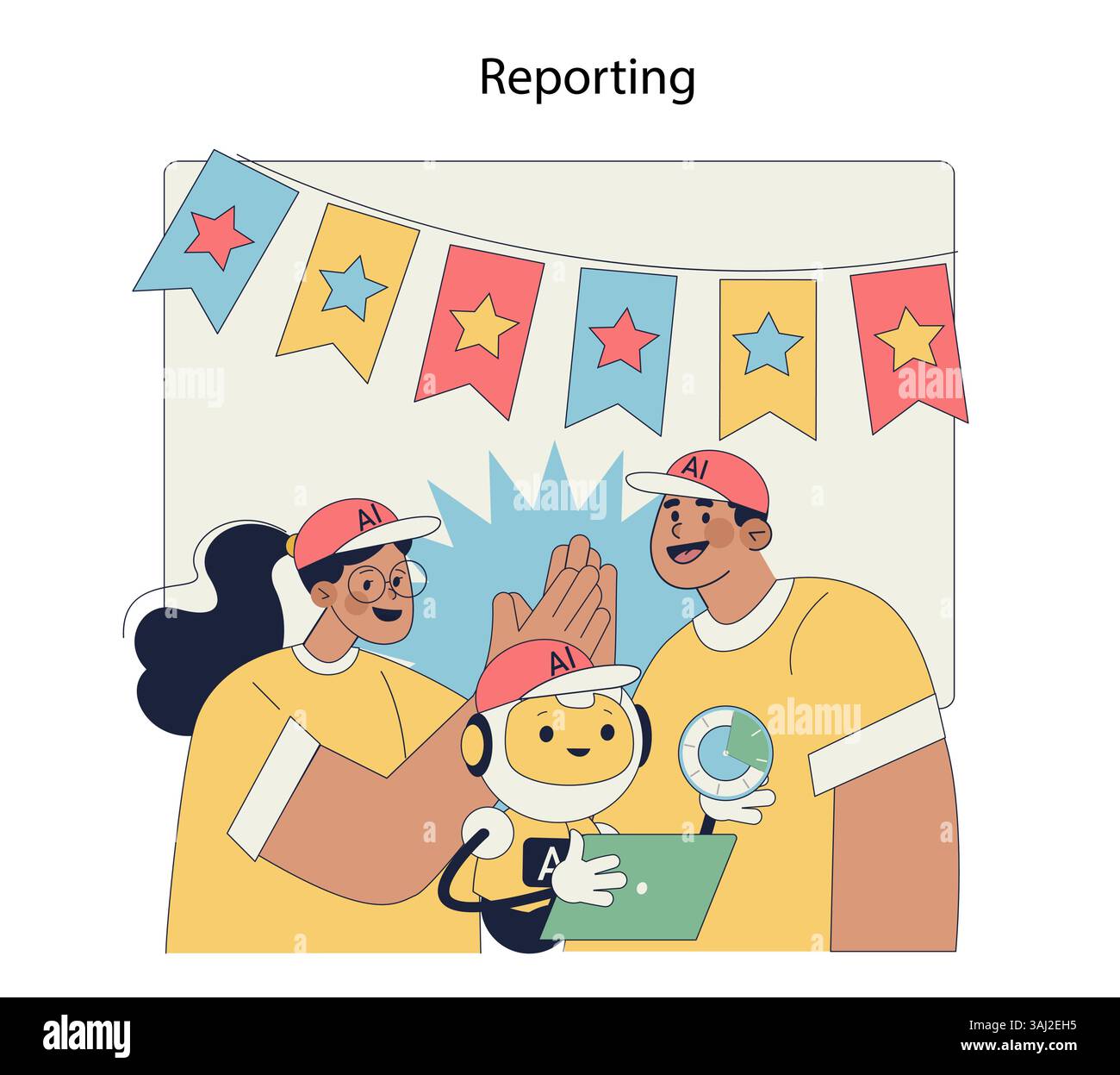 Robot advisor engaging with enthusiastic team members celebrating ...