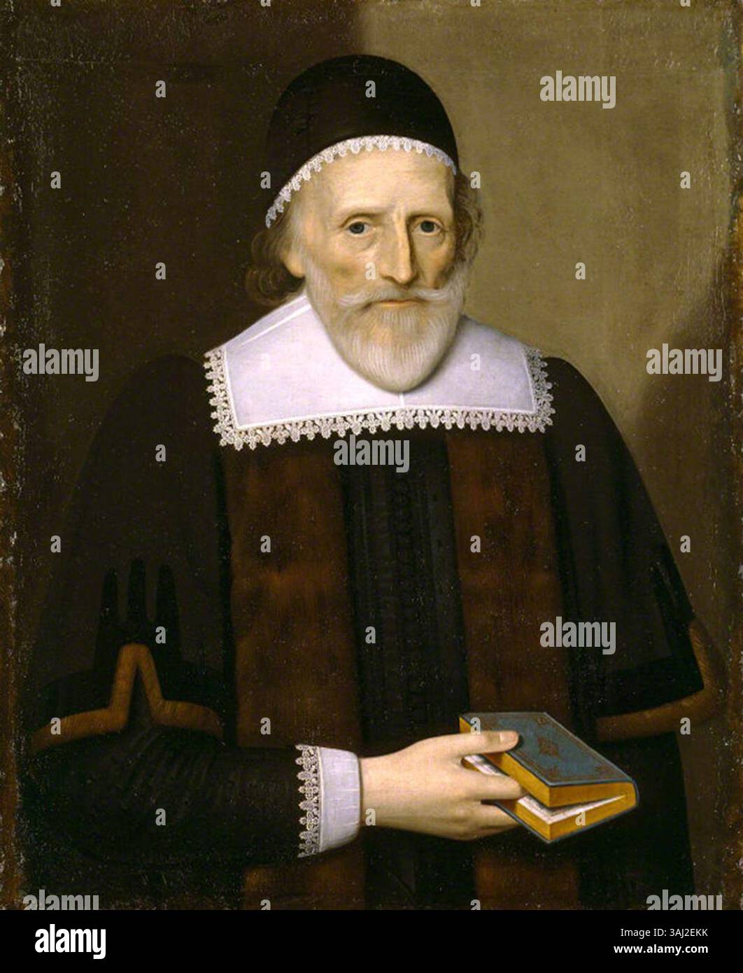 Portrait of an unknown old man in a black skull-cap holding a book ...