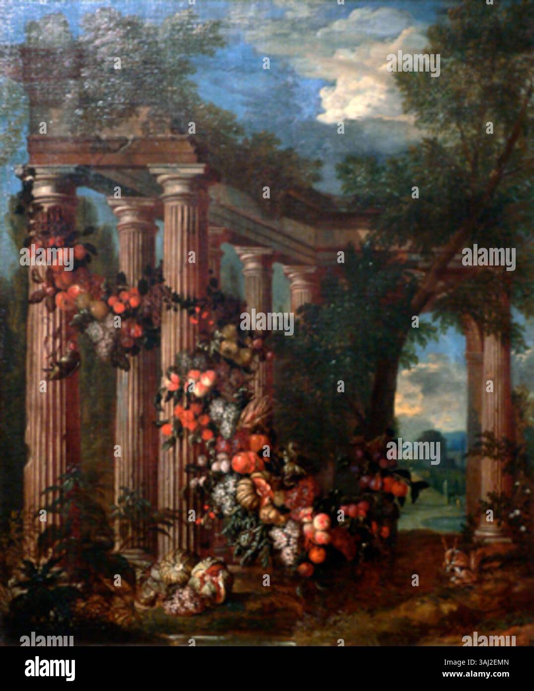 An architectural scene combined with a still life, painted by Jan Pauwel Gillemans the Younger ...