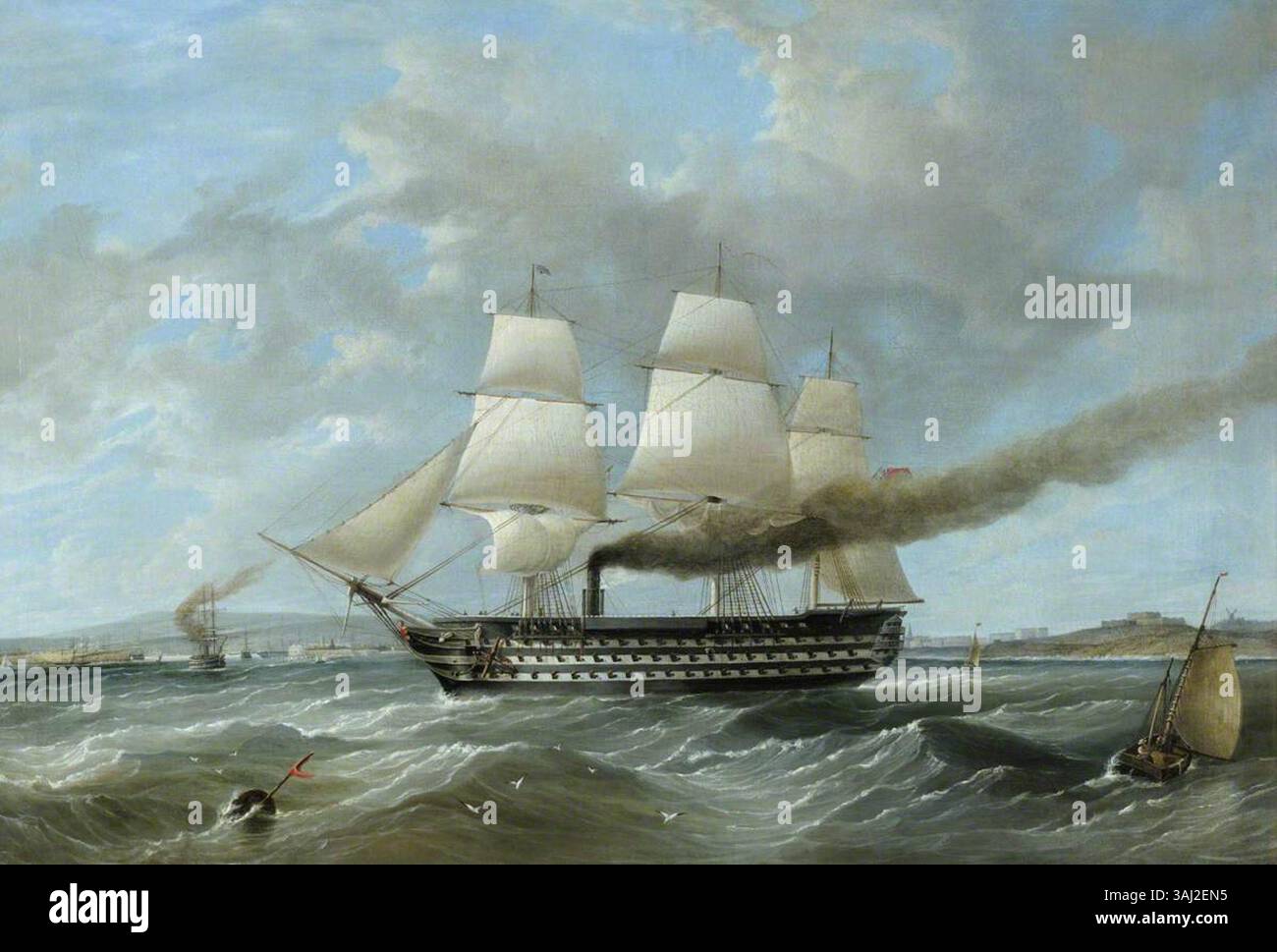 This circa 1875 painting depicts a three-decker ship, powered by both ...